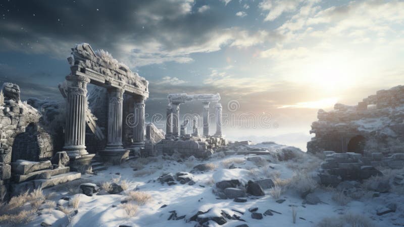 Remains of a Lost Civilization. Temple Ruins in the Snow Stock ...