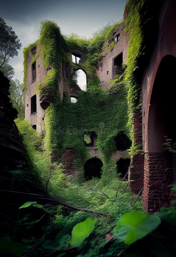 Remains of a Ruined Castle Overgrown with Plants. AI Generated Stock ...