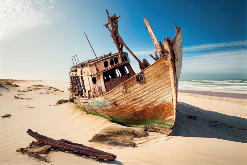 Remains of Ship Run Aground on Deserted Beach, with Broken Mast and ...