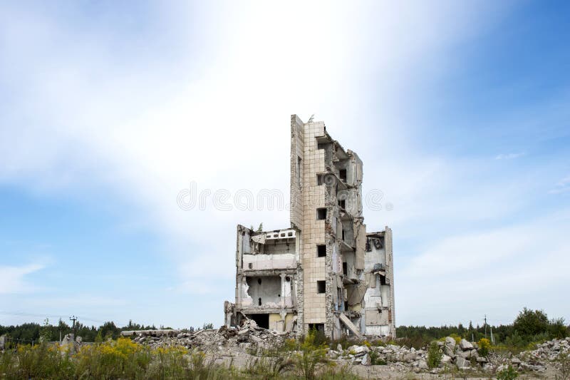 Large Destroyed Collapsing Building with Exposed Walls and Smashed ...