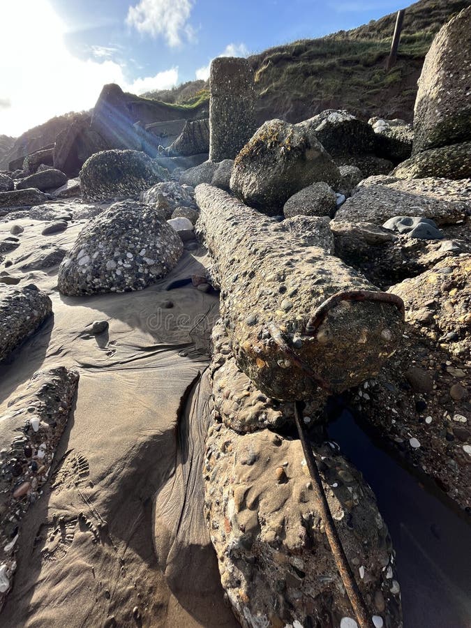 Remains of WW2 Pillbox on Filey Beach at Low Tide Stock Image - Image ...