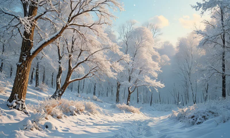 Snowy path through forest stock illustration. Illustration of snow ...