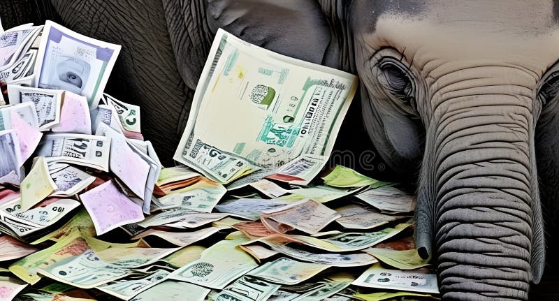 A Pile of Money Balancing on Elephants Trunk. Generative AI. Stock ...