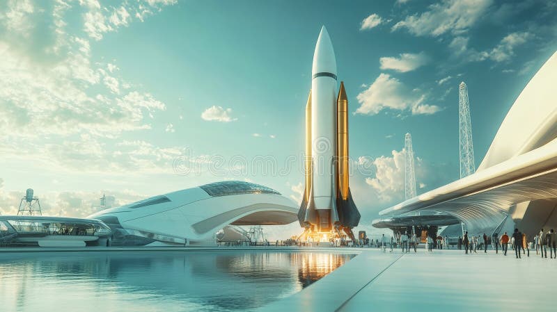 Futuristic Spaceport Showcasing a Sleek Rocket Poised for Launch ...