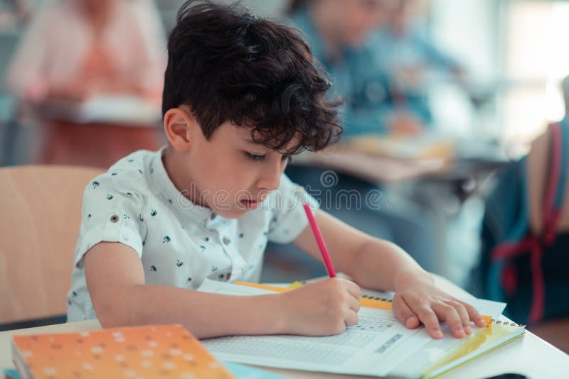 Concentrated Pupil Completing His Test in Class. Stock Image - Image of ...