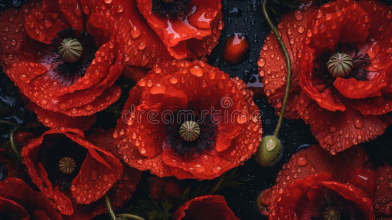 Remembrance Day, Solid Red Poppy Background with Raindrops Created with ...