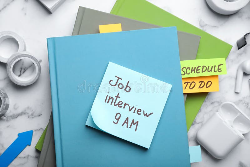 Reminder Note about Job Interview and Stationery on Table Stock Image ...