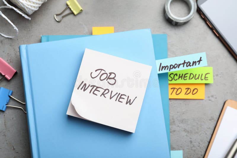 Reminder Note about Job Interview and Stationery on Table Stock Image ...