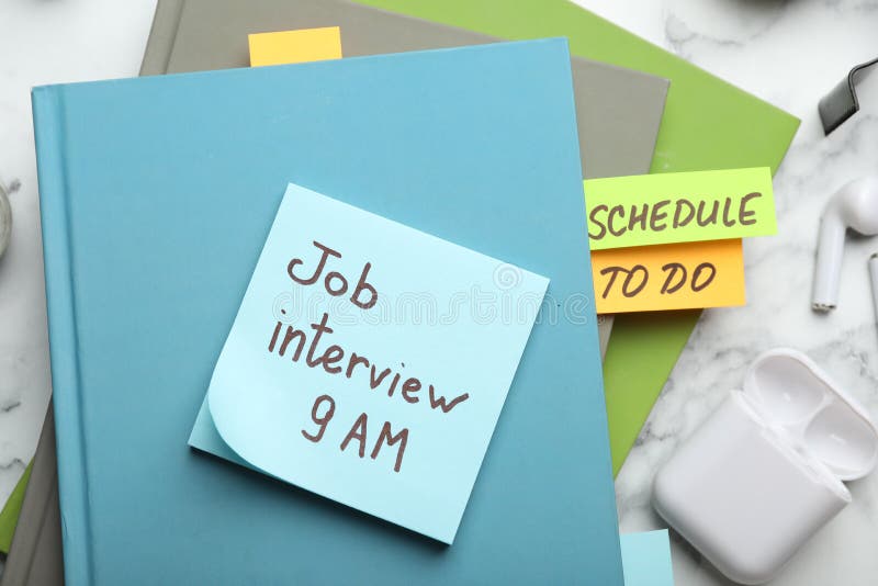 Reminder Note about Job Interview and Stationery on Table Stock Image ...