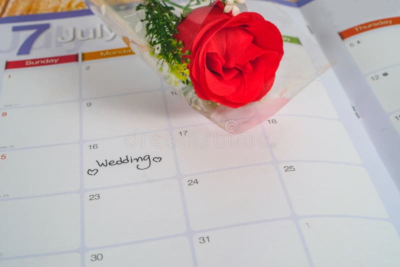 Reminder Wedding Day in Calendar Planning with Red Rose Stock Photo ...