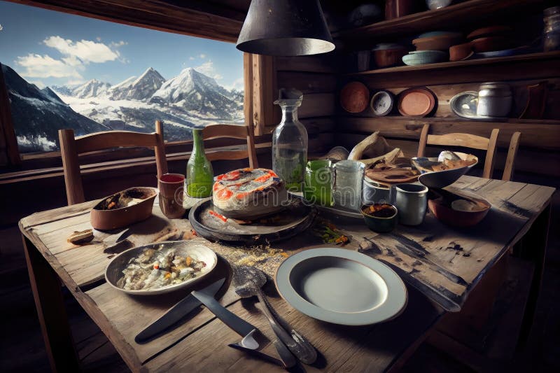 Remnants of Food and Dishes after Breakfast Big Dining Table on Chalet ...