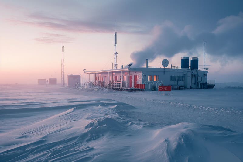 Remote Arctic Research Station Amidst Snow-Covered Mountains Stock ...