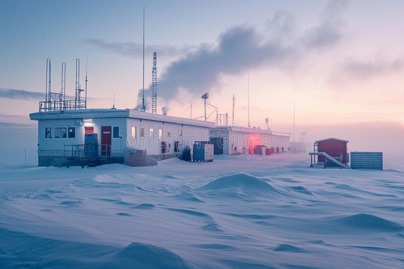 Remote Arctic Research Station Amidst Snow-Covered Mountains Stock ...