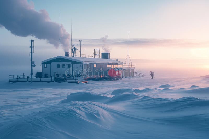 Remote Arctic Research Station Amidst Snow-Covered Mountains Stock ...