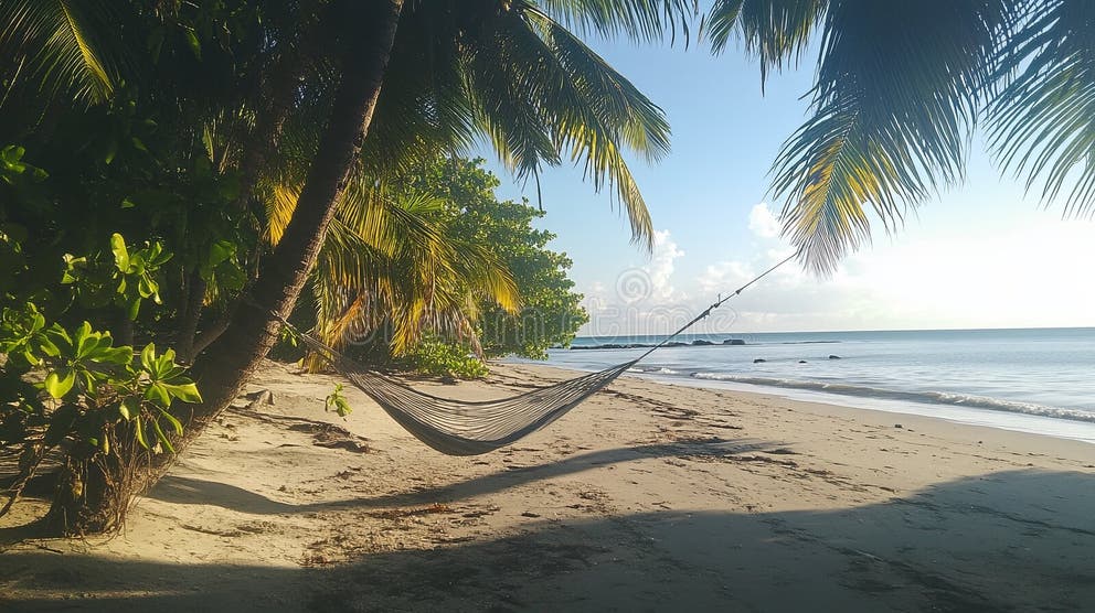 Remote Beach with a Hammock Tied between Two Palm Trees. Stock Image ...