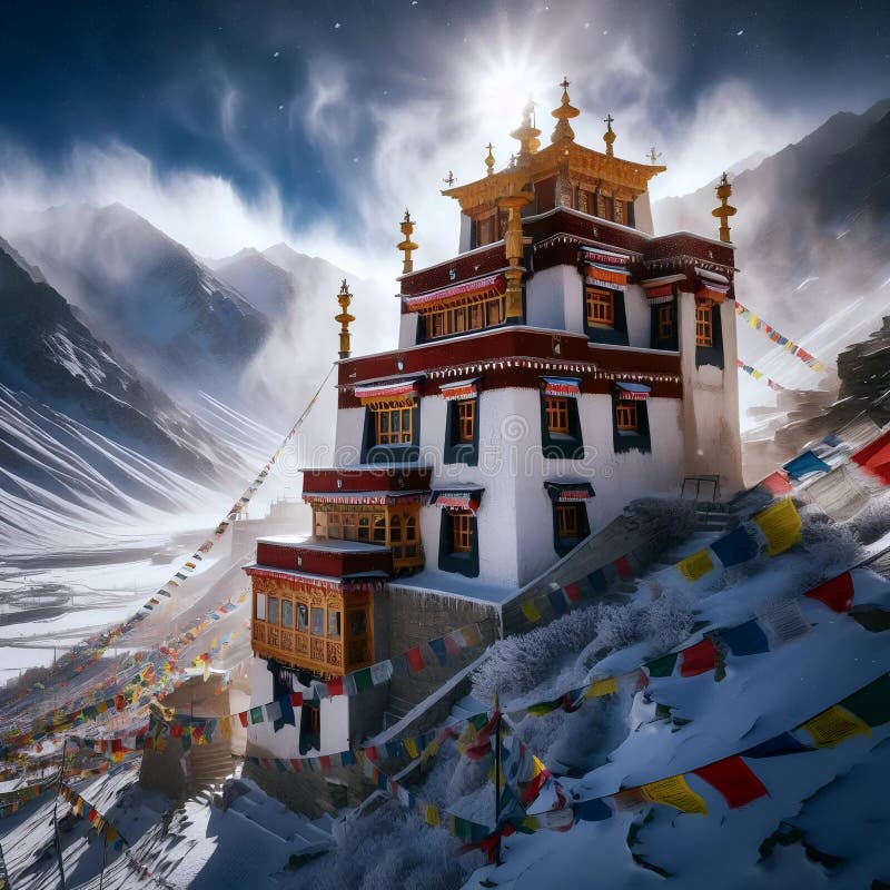A Remote Buddhist Monastery in Ladakh with Colorful Prayer Flags, Ai ...