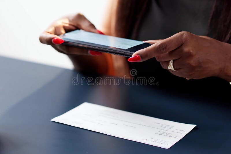 Remote Check Deposit Taking Photo Stock Photo - Image of woman, deposit ...