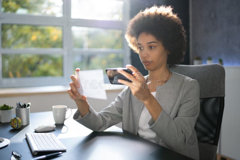 Remote Cheque Deposit Using Mobile Phone Stock Photo - Image of payroll ...
