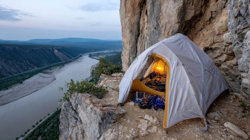 Remote Cliffside Camping Adventure Overlooking River at Twilight Stock ...