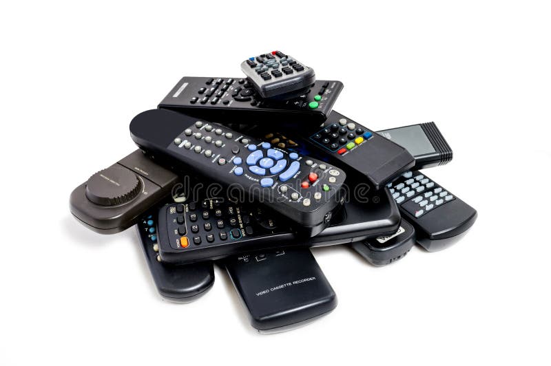 Remote Control Devices Piled High Isolated on White Stock Photo - Image ...