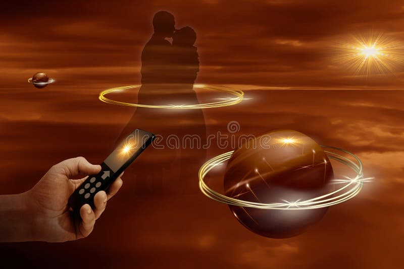 Remote Control in the Hand of a Man on the Background of the Universe ...