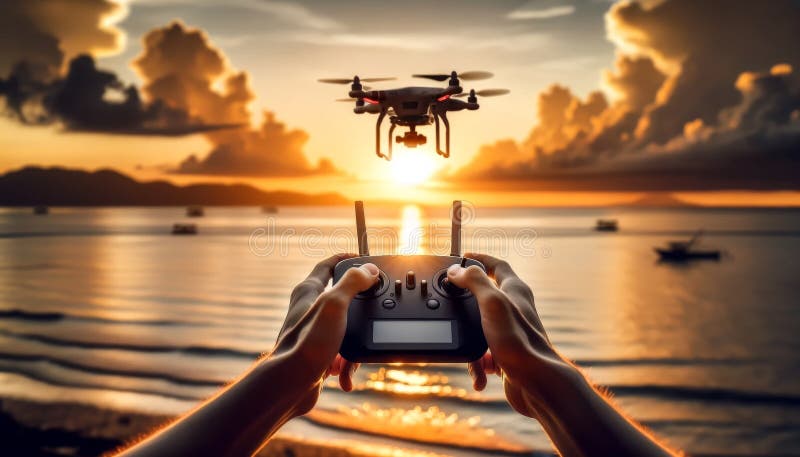 Remote Control in Hands Piloting Drone during Sunset Over the Ocean ...