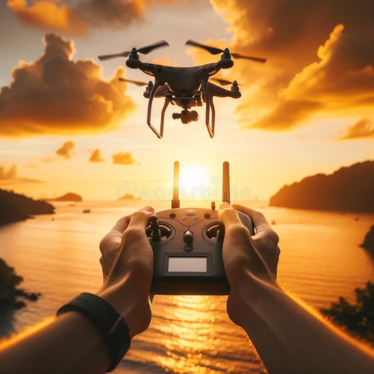 Remote Control in Hands Piloting Drone during Sunset Over the Ocean. Adventure, Exploration ...
