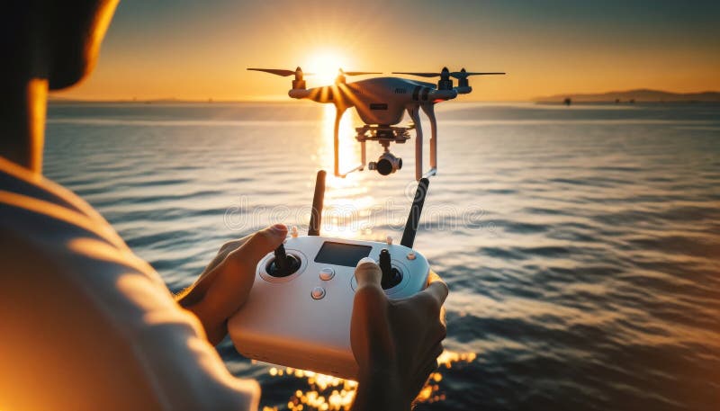 Remote Control in Hands Piloting Drone during Sunset Over the Ocean. Adventure, Exploration ...