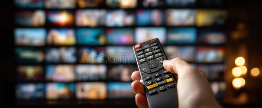 The Remote Control Held in Hand with a Background of Multiple Screens ...