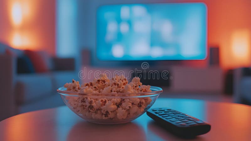 Remote Control and Popcorn Bowl on a Table with a Blurred TV Screen in ...