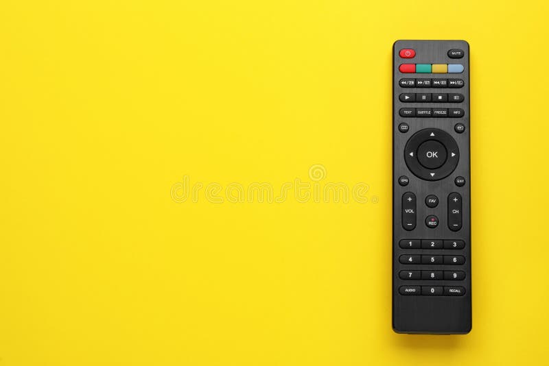 Remote Control on Yellow Background, Top View. Space for Text Stock ...