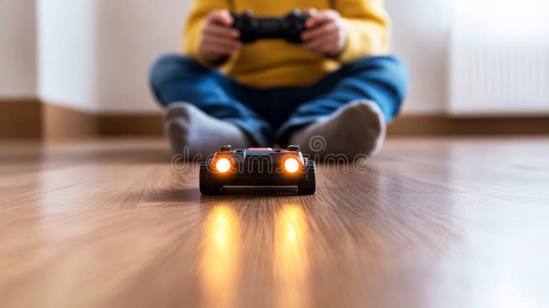 Remote Controlled Car with Headlights Speeding Across Wooden Floor with ...