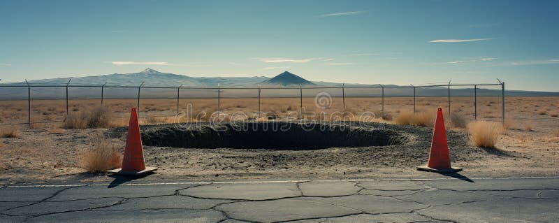 Remote Desert Road with Large Pothole and Traffic Cones. Stock Photo ...