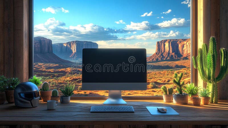 Remote Desert Workspace with Stunning Canyon View Generative AI Stock ...