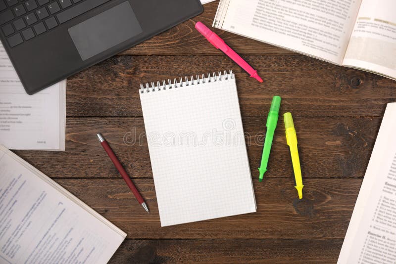 Remote Education Concept. Open Books, Empty Notepad Stock Image - Image ...