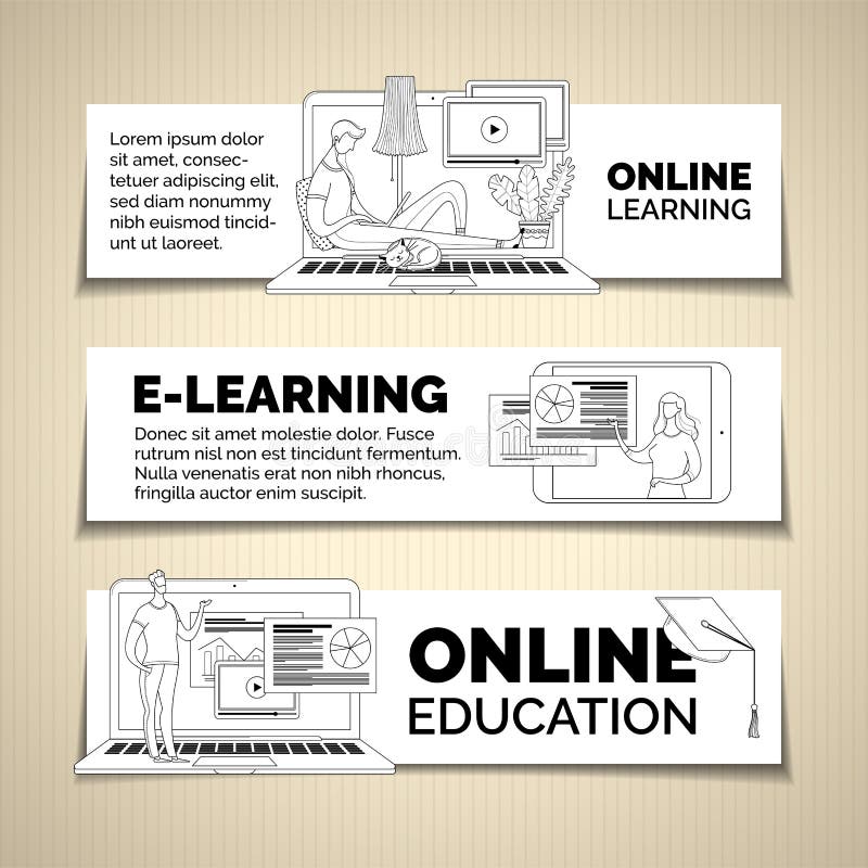 Remote Education Web Banners Linear Templates Set Stock Vector ...
