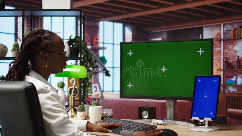 Remote Employee in Home Office Using Green Screen PC and Mockup Tablet ...