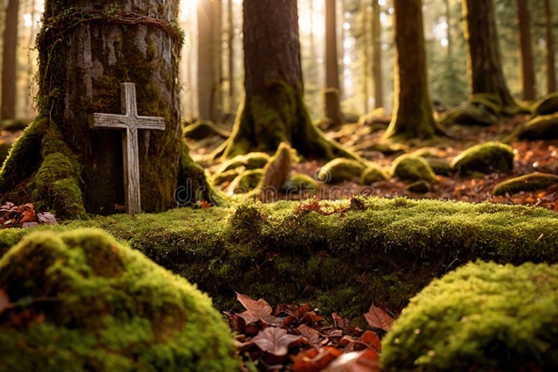 Remote Forest Cemetery Deep in Dark Forest with Moss Stock Illustration ...