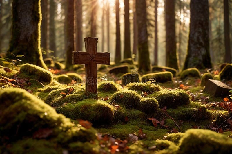 Remote Forest Cemetery Deep in Dark Forest with Moss Stock Illustration ...