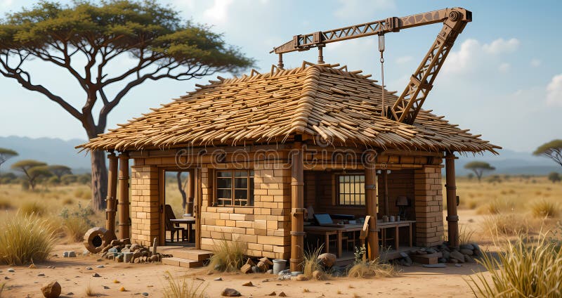 Remote Hut in African Savanna with Old Crane Stock Illustration ...