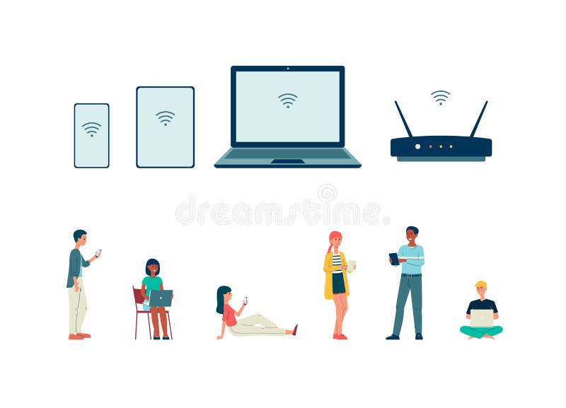Remote Internet Connection Set with People, Flat Vector Illustration ...