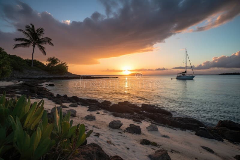 Remote Island Beach, with View of the Setting Sun, and Sailboat in the ...