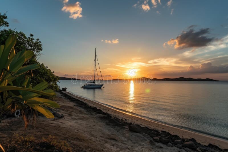Remote Island Beach, with View of the Setting Sun, and Sailboat in the ...