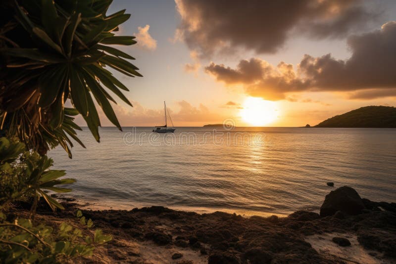 Remote Island Beach, with View of the Setting Sun, and Sailboat in the ...
