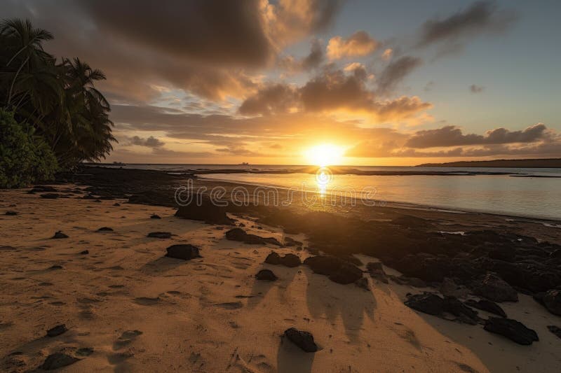 Remote Island Beach, with View of Sun Setting Over the Horizon Stock ...