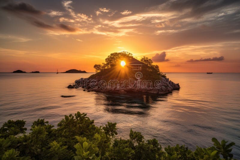Remote Island with View of the Sunset, Surrounded by Tranquil Waters ...