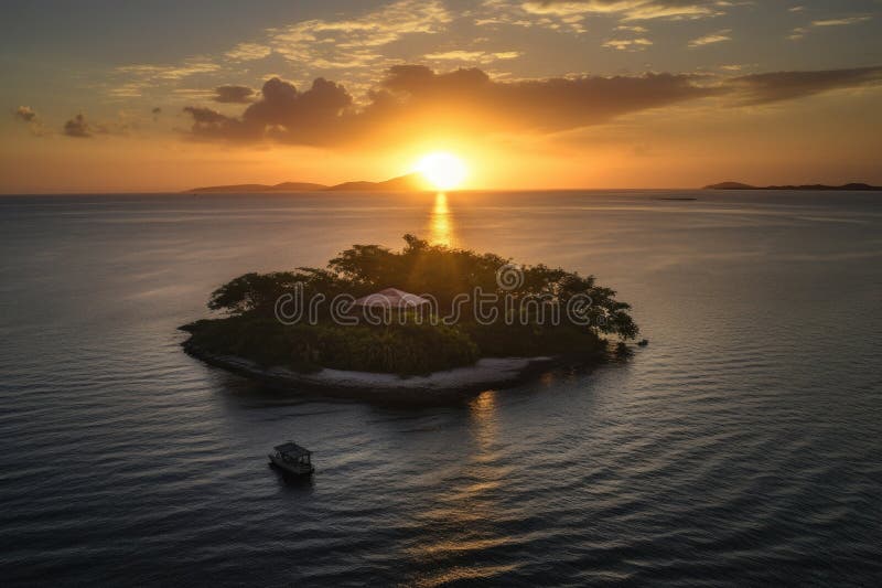 Remote Island with View of the Sunset, Surrounded by Tranquil Waters ...