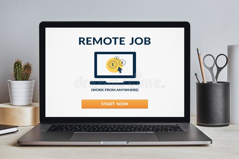 Remote Job Concept on Laptop Screen on Modern Desk Stock Image - Image ...