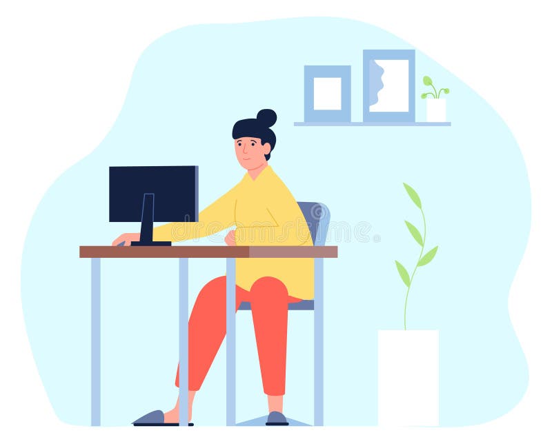 Remote Job. Woman Work at Computer in Home Interior Stock Vector ...