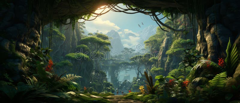 Remote Jungle Canopy with a Diverse Array of Exotic Plants and Birds ...